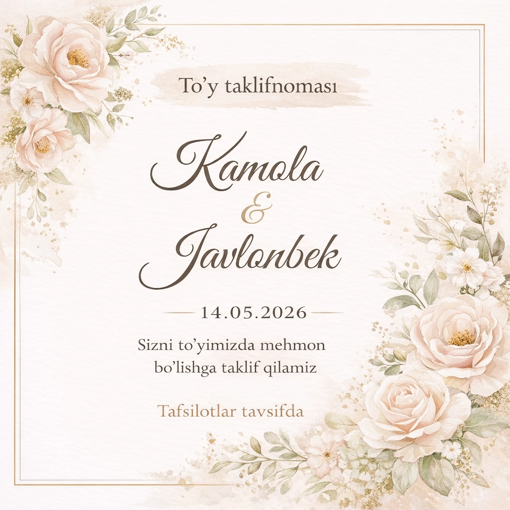 To‘y taklifnomasi (Wedding Invitation) – PDF & Poster