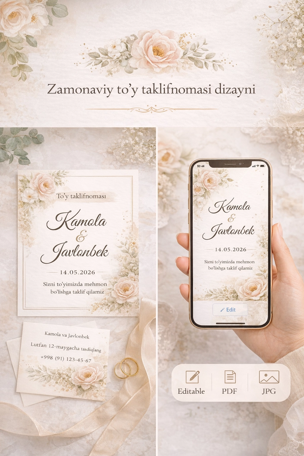 To‘y taklifnomasi (Wedding Invitation) – PDF & Poster