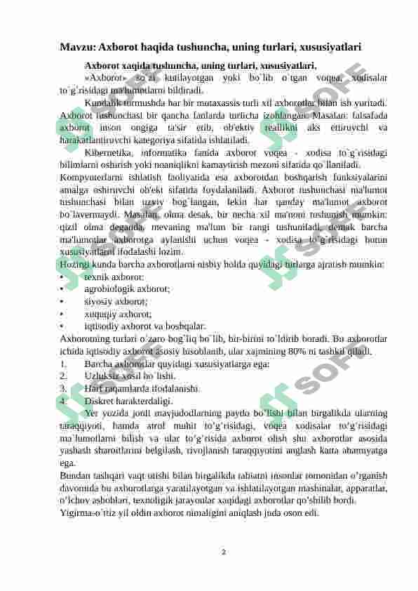 Axborot haqida tushuncha, uning turlari, xususiyatlari