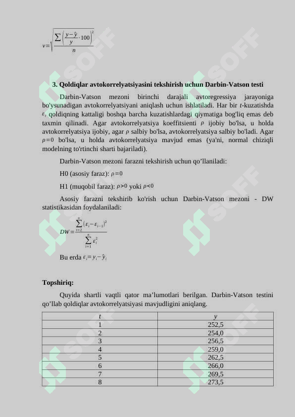 EKONOMETRIK MODELLARNI BAHOLASH: DARBIN-UOTSON MEZONI
