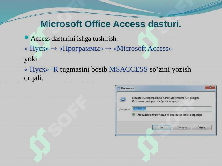 MAVZU: MA'LUMOT OMBORI, UNI TASHKIL ETISH, MICROSOFT ACCESSNI ISHLATISH ...
