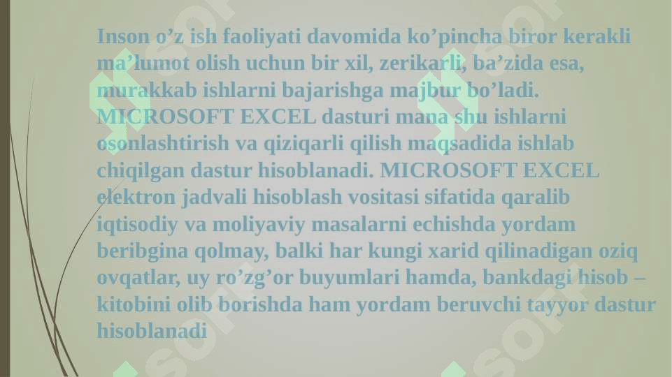 Excel dasturida jadval hosil qilish va uning ustida amallar bajarish
