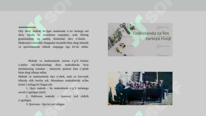 XIX asrning ikkinchi yarmi xx asr boshlarida turkiston o`lkasida ta'lim ...