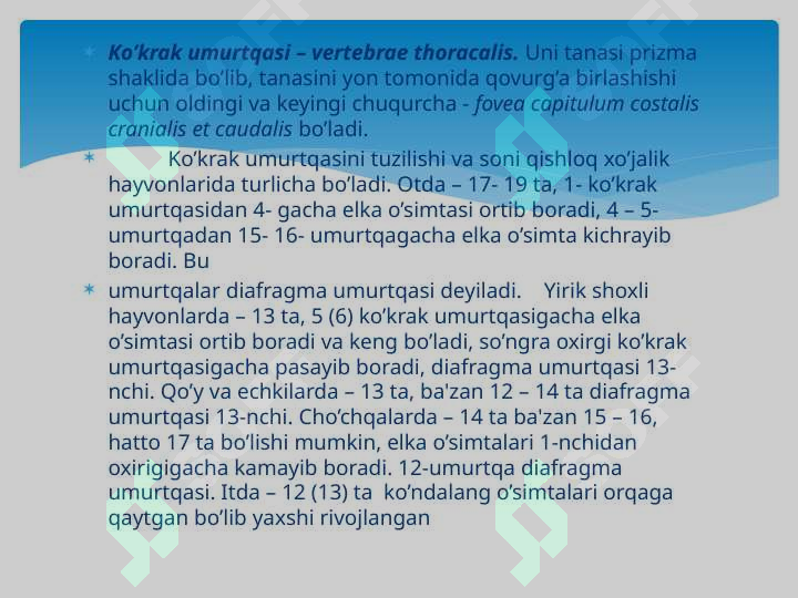 Umurtqa, qovurg`a, to`sh suyagi, ko`krak qafasi suyaklari
