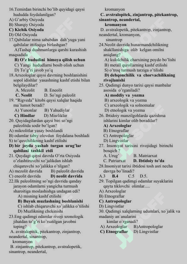 6-sinf Tarix fanidan test savollari to'plami.