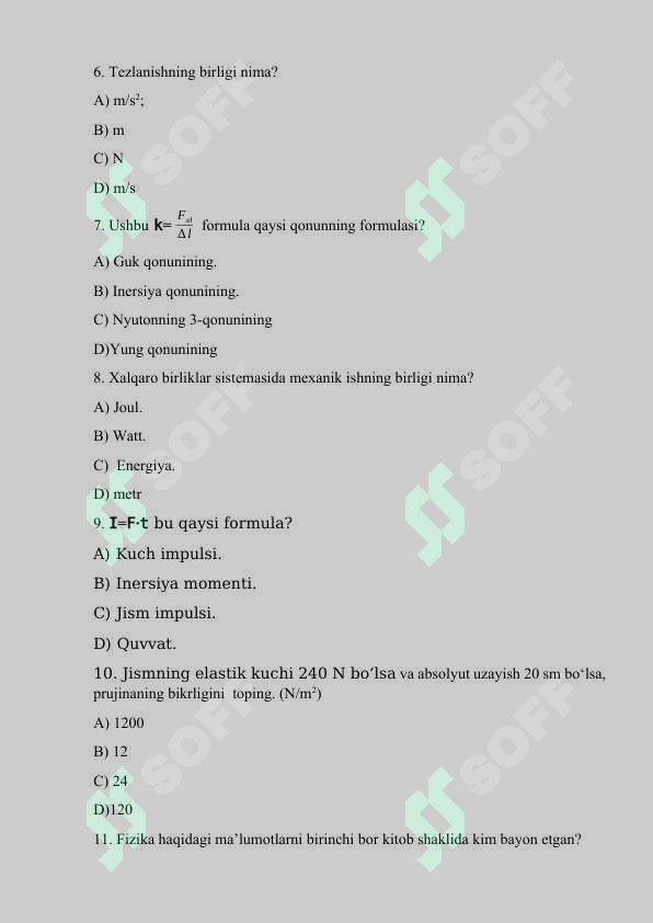 Fizikadan testlar (50 ta)