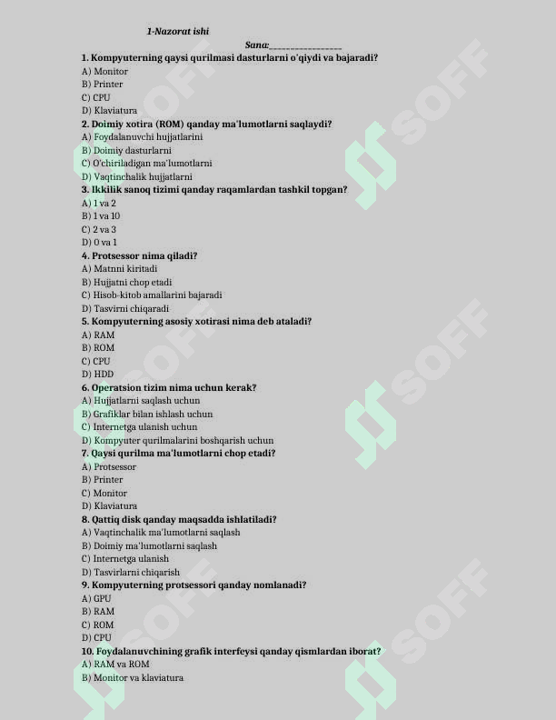 9-sinf informatika test yillik