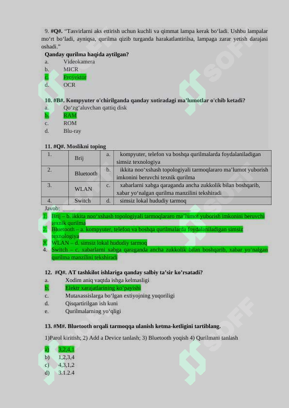 9-sinf - Informatika - Testlar - Javoblari bilan