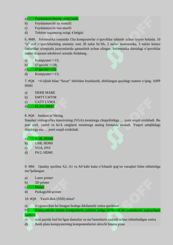 10-sinf - Informatika - Testlar - Javoblari bilan