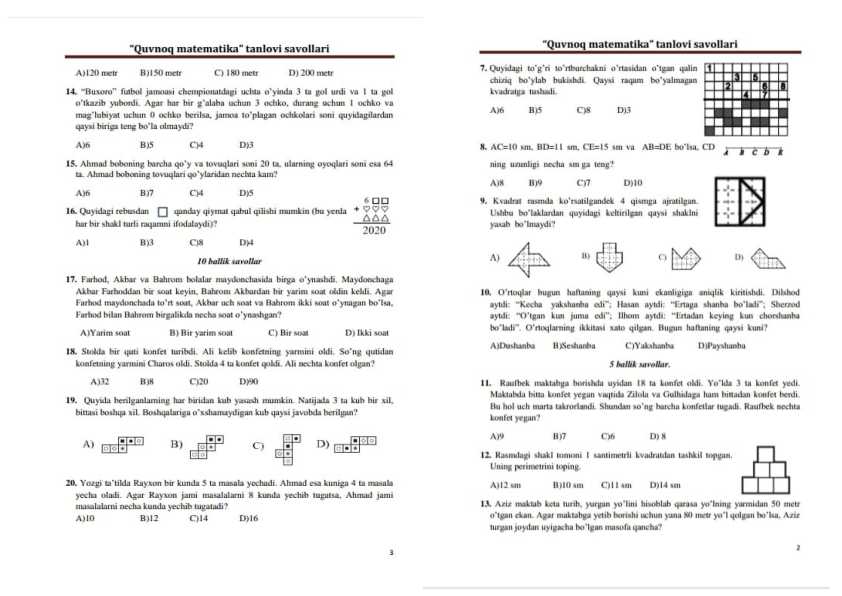 Quvnoq matematika testlar