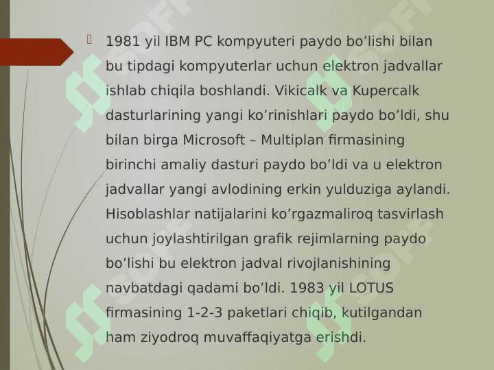 Elektron jadval protsessorlari, ularning vazifasi va imkoniyatlari