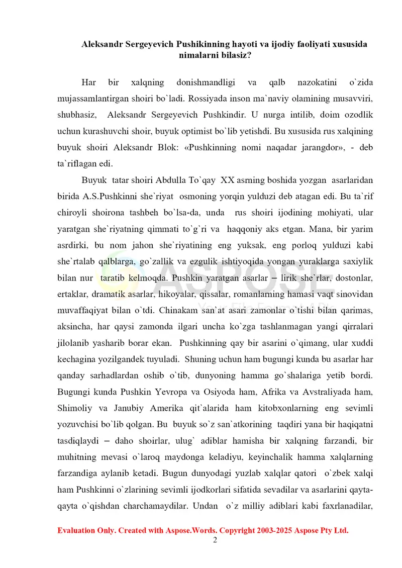 Aleksandr Sergeyevich Pushkin yaratgan ertak dostonlarda ilgari ...