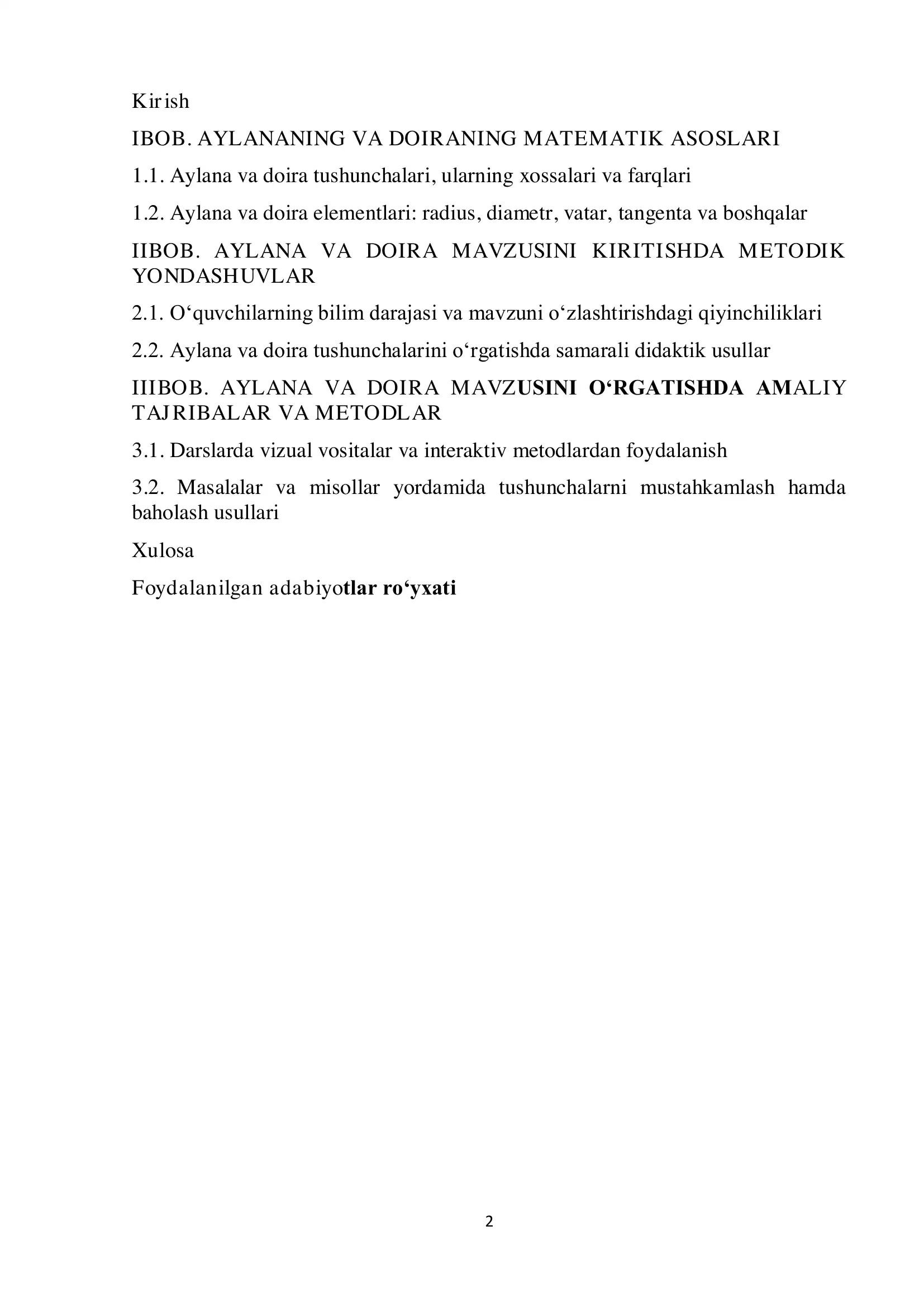 Maktab matematika kursida aylana va doira mavzusiga oid asosiy ...