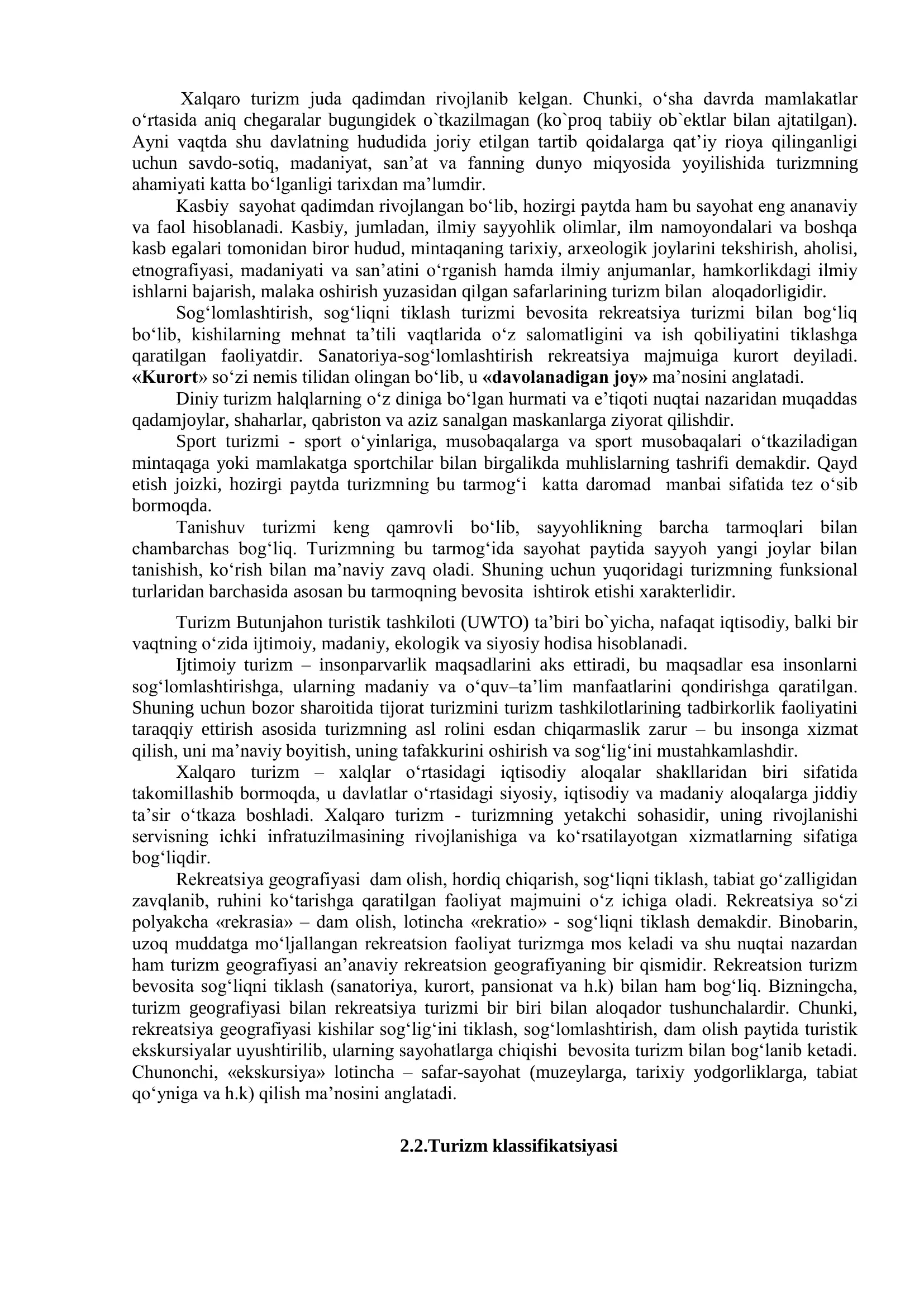 Turizm turlari va klassifikatsiyasi