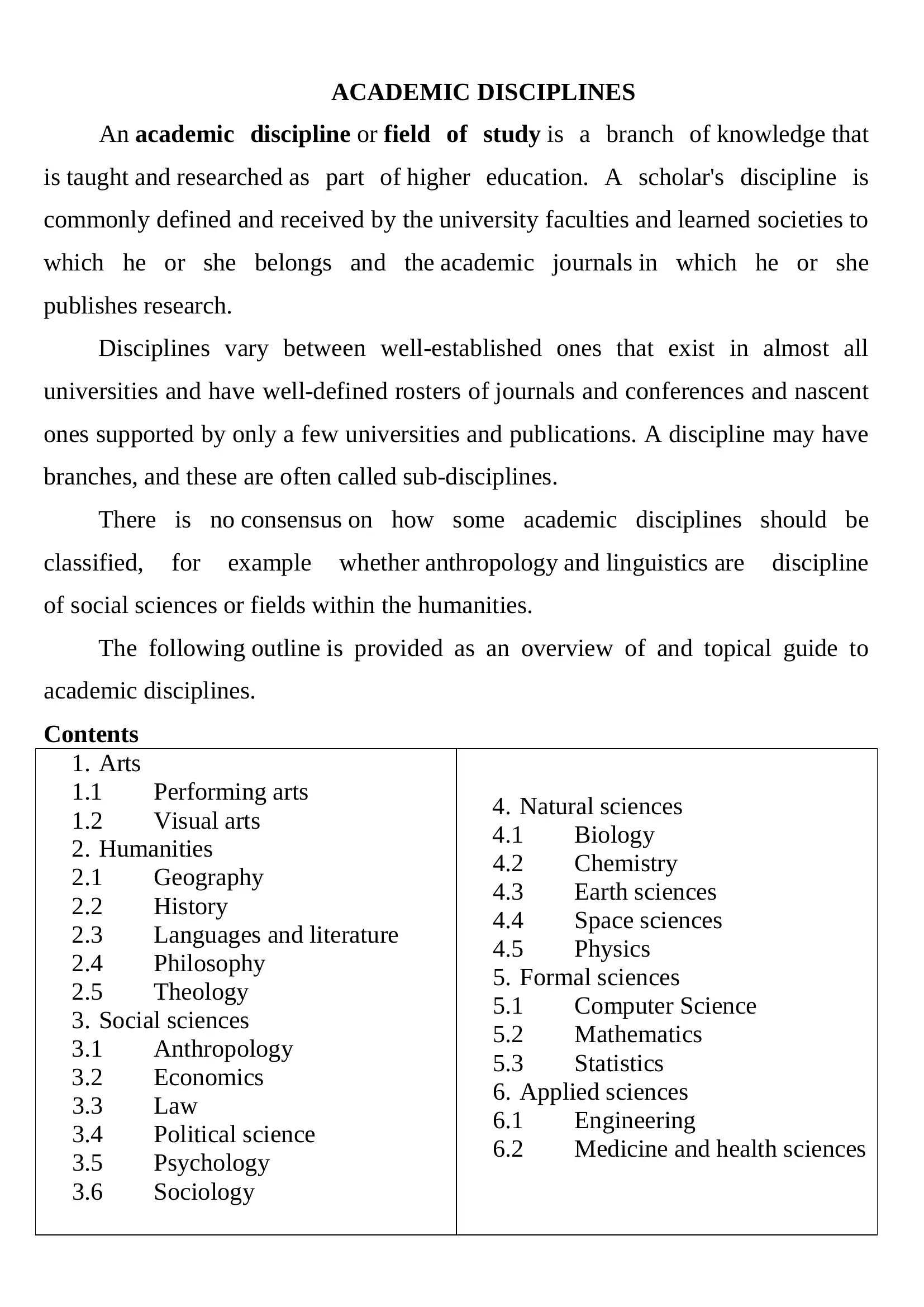 ACADEMIC DISCIPLINES