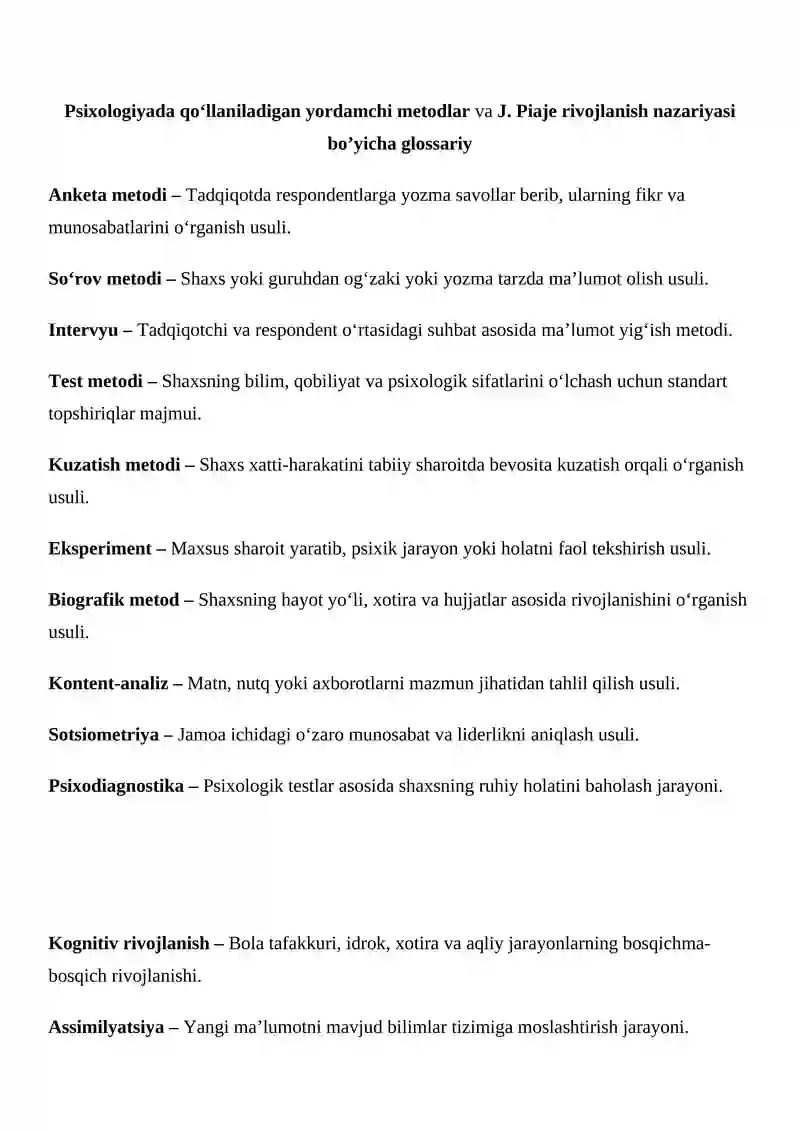 Psixologiyada qo‘llaniladigan yordamchi metodlar va J. Piaje ...