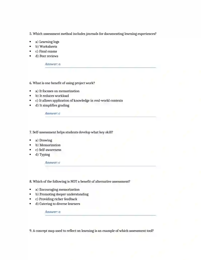 Alternative Assessment Methods - Multiple Choice Questions with Answers