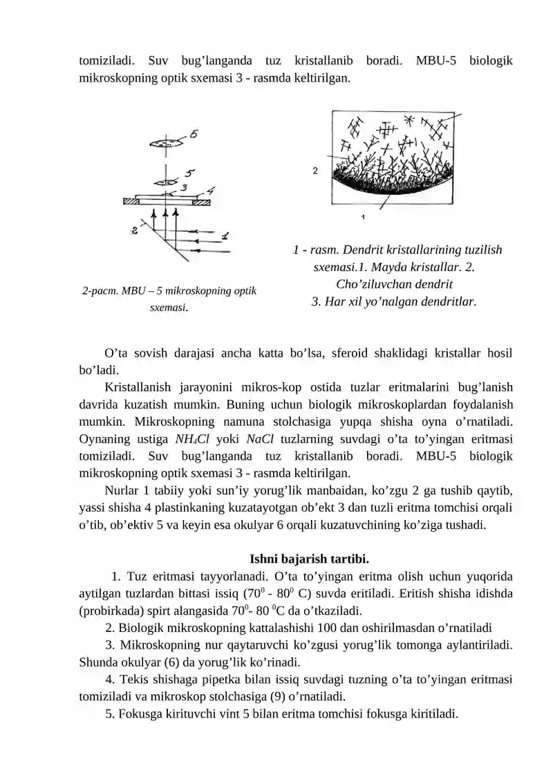 Biologik mikroskop yordamida tuzli eritmalarning kristallanishini o’rganish