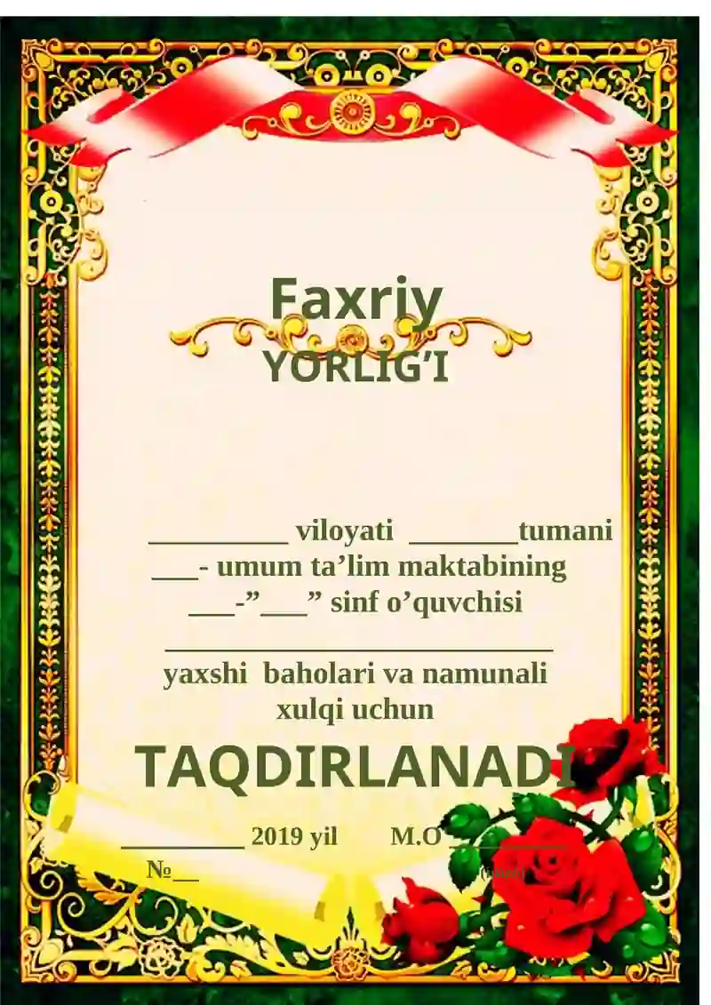 Faxriy YORLIG’I Faxriy yorliq shablon Word