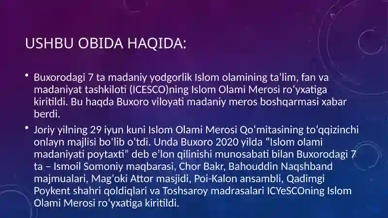 BUXORODA JOYLASHGAN TARIXIY OBIDALAR