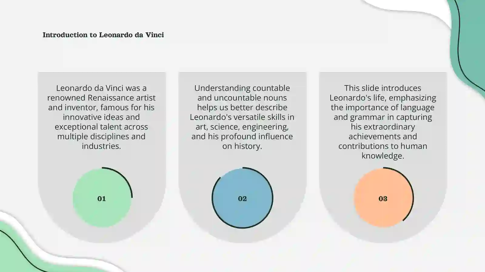 The Life of Leonardo da Vinci Countable vs. Uncountable Nouns