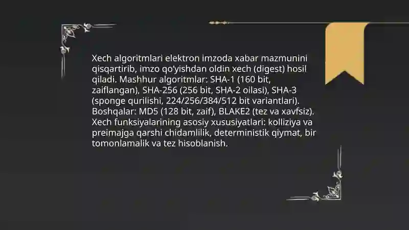 Elektron imzo turlari va ularning xech funksiyasi