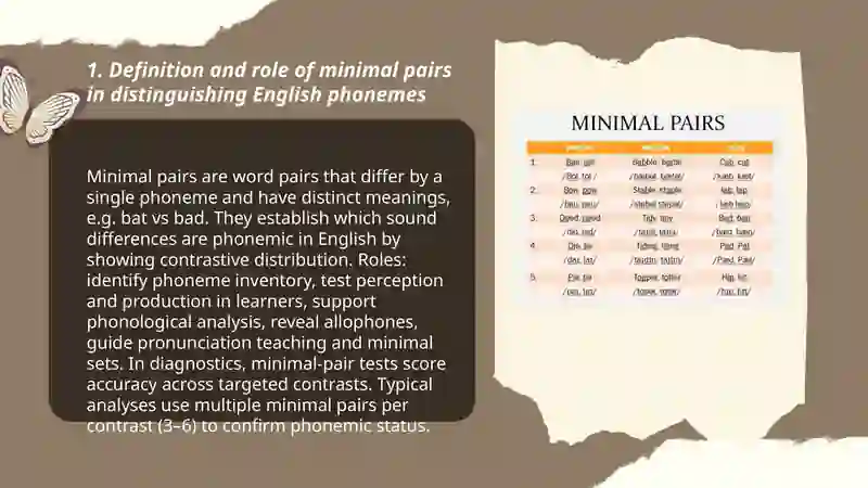 Definition and role of minimal pairs in distinguishing English phonemes