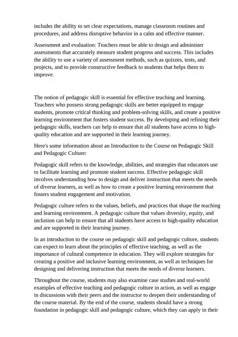 Introduction to Pedagogic Skill and Pedagogic Culture