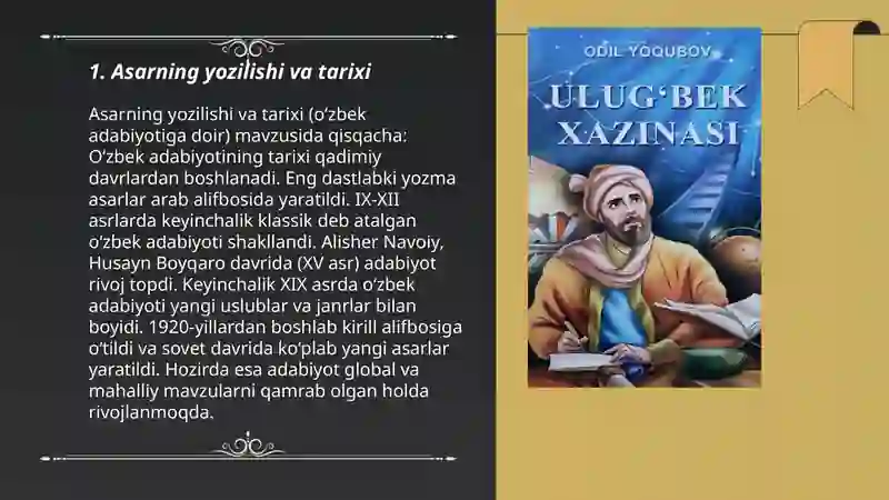 Odil Yoqubovning Ulugʻbek xazinasi asari haqida slayd