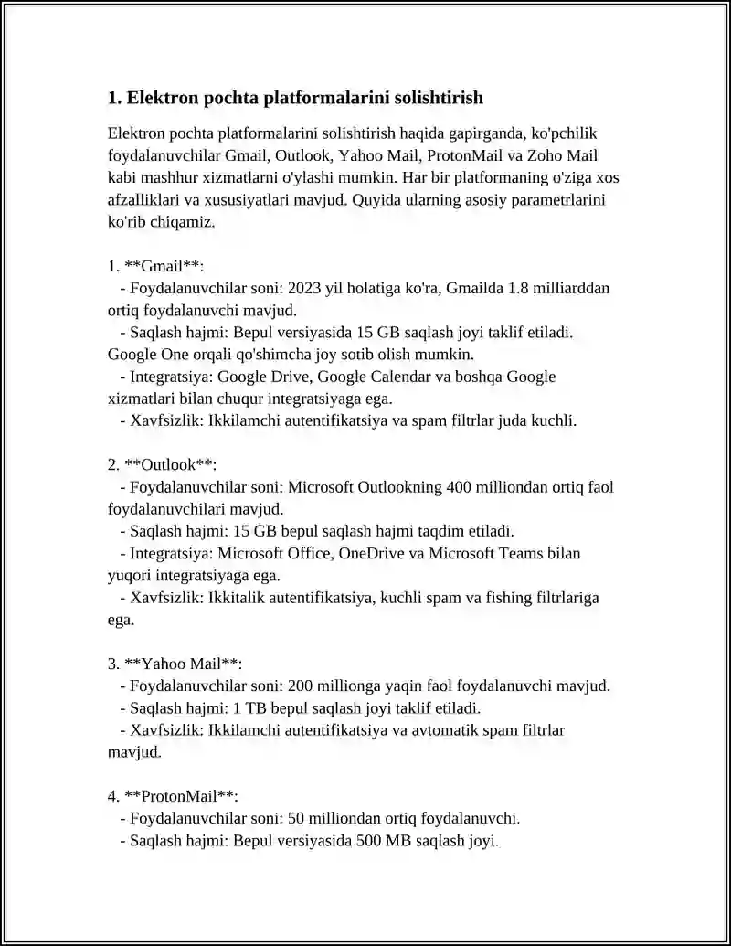 Elektron pochta platformalari solishtirish