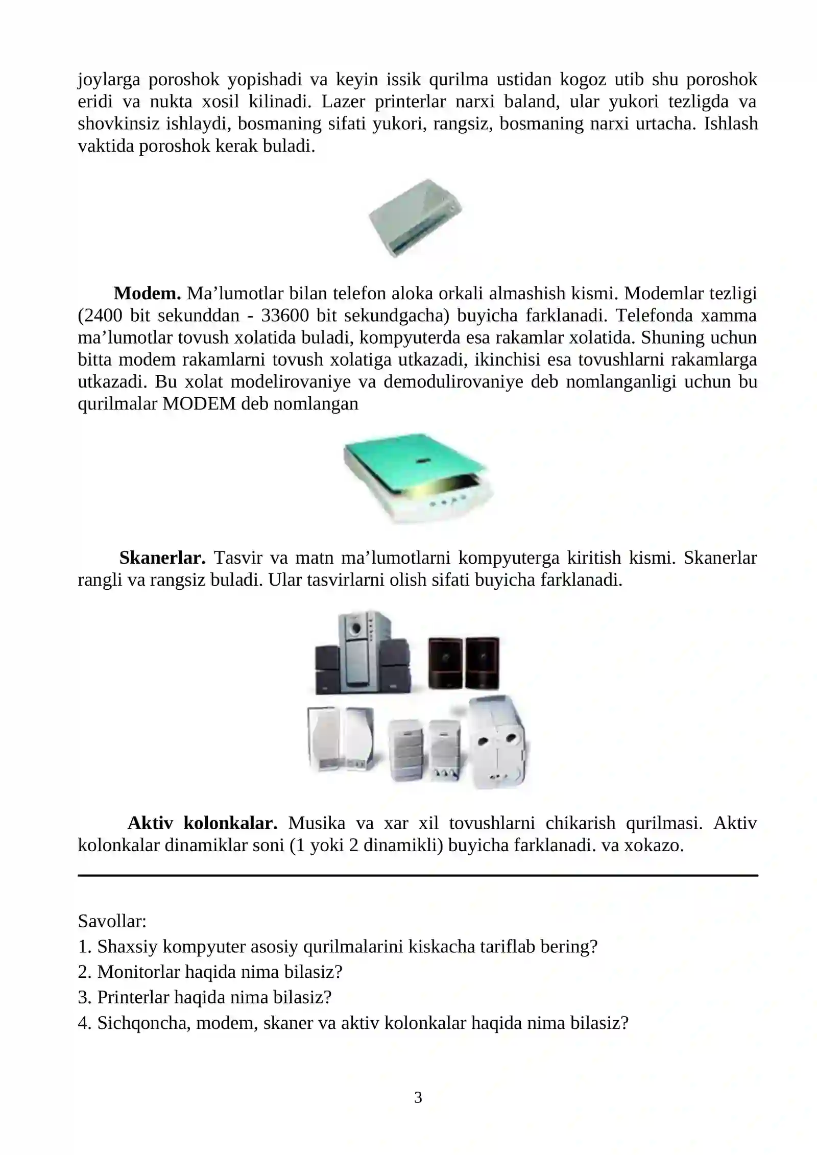 Shaxsiy EHM ning tarkibi. Klaviatura, printer va yordamchi qurilmalar