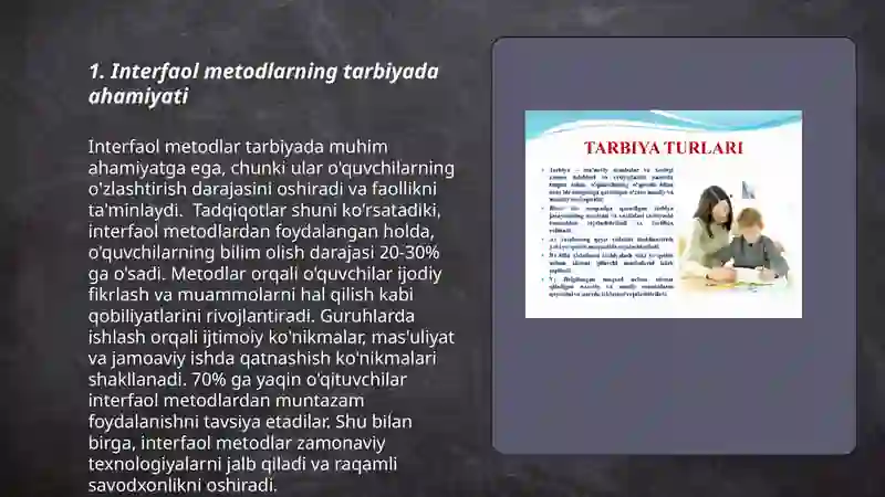 Tarbiya metodlari va vositalari. Tarbiya fanini oʻqitishda interfaol ...