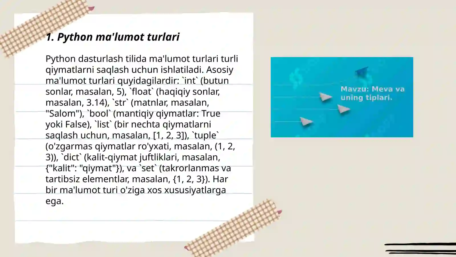 Ma'lumot turlari Python dasturlash tilida