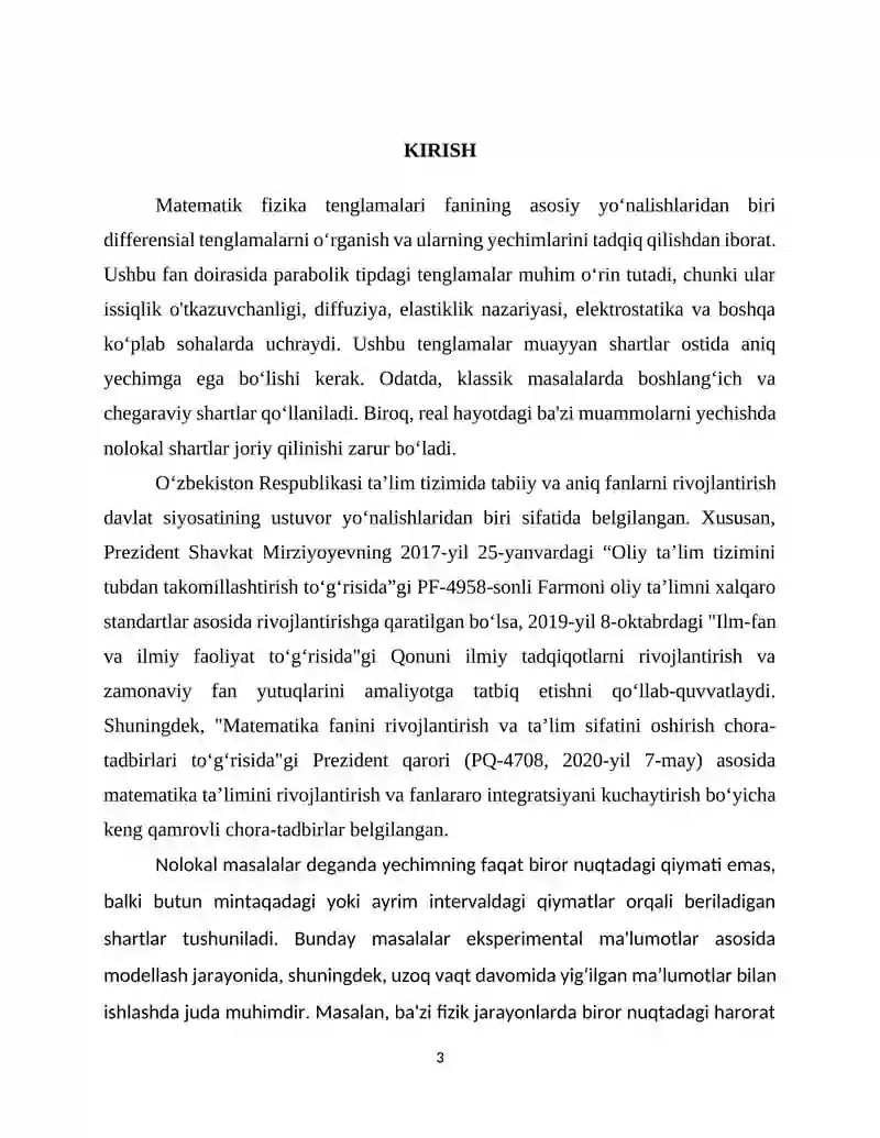 Parabolik tipdagi differensial tenglamalar