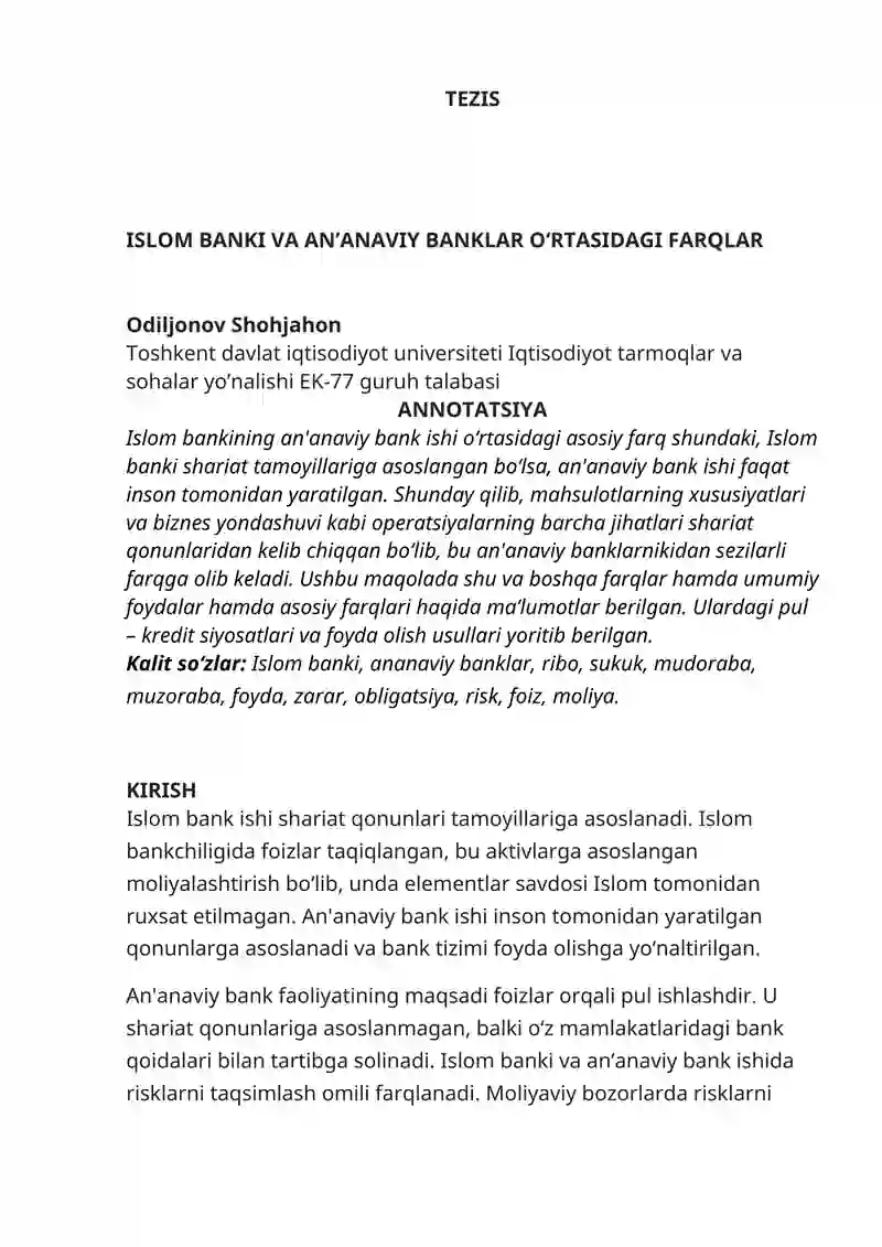 Islom banki va ananaviy banklar
