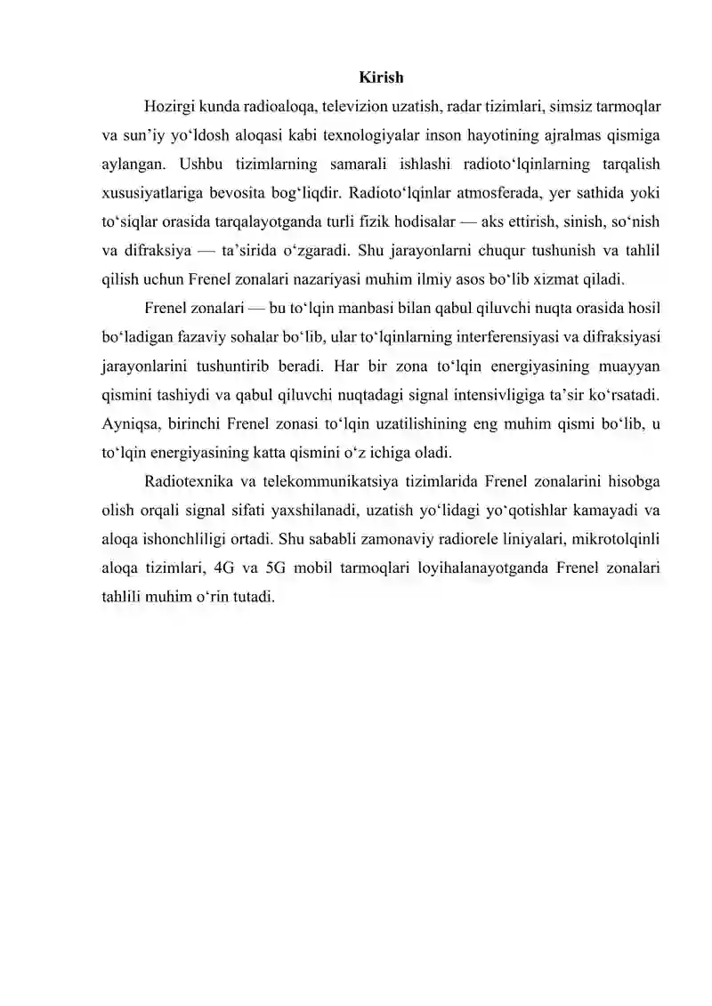 Frenel zonalarini, ularni hisobga olgan holda radiotoʻlqinlarining ...