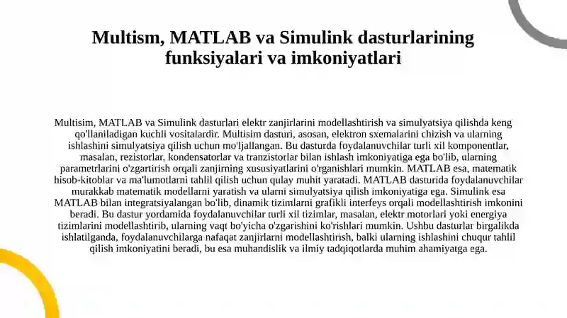 Elektr zanjirlarini modellashtirish dasturlari (multism, matlab ...