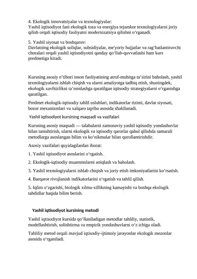 “Yashil iqtisodiyot” kursining predmeti va metodi