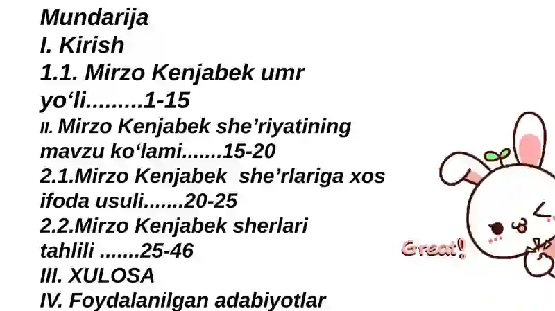 Mirzo Kenjabek sheʼrlarini tahlili