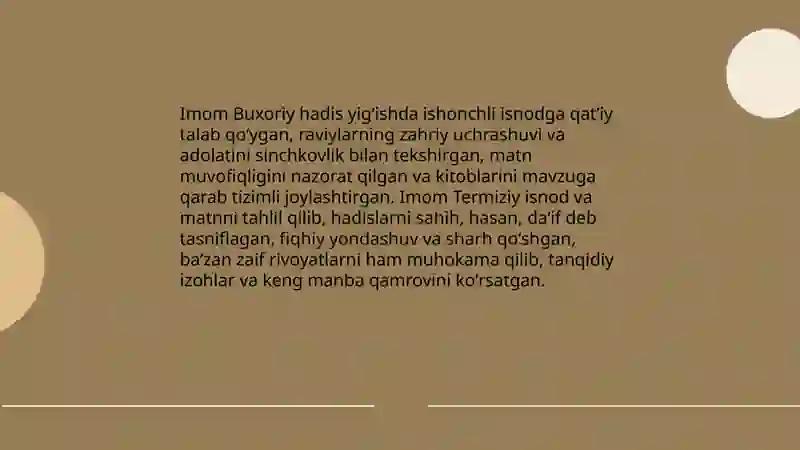 Imom Buxoriy va Imom Termiziyning hadis ilmiga qoʻshgan hissalarini ...