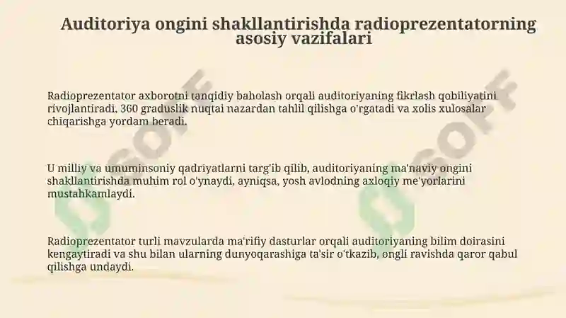 Radioboshlovchining auditoriya ongini shakllantirishda asosiy vazifalari
