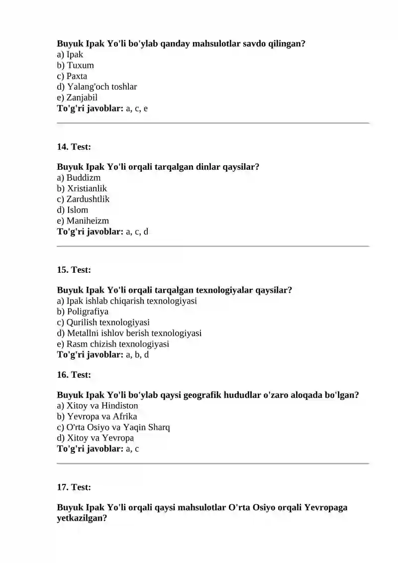 Buyuk Ipak Yo'li test savollari . javobi bilan