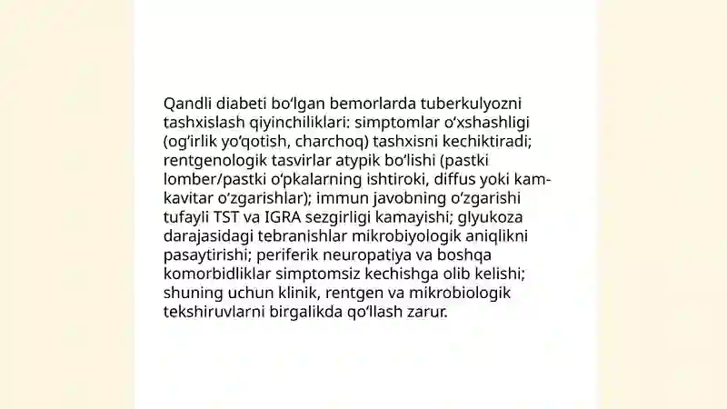 Tuberkulyoz va yondosh kasalliklar: qandli diabet, o‘pka raki, oshqozon ...