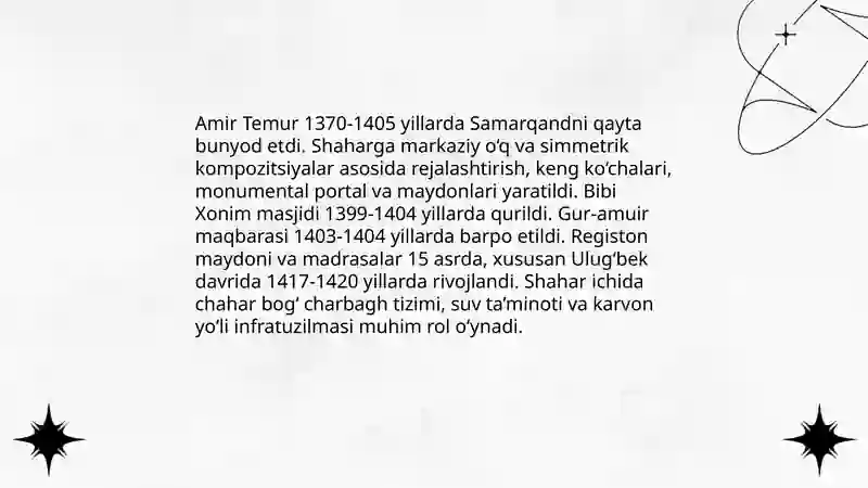 Amir Temur va temuriylar davri madaniyati ( XIV asr 2-yarmi XV asr asr)