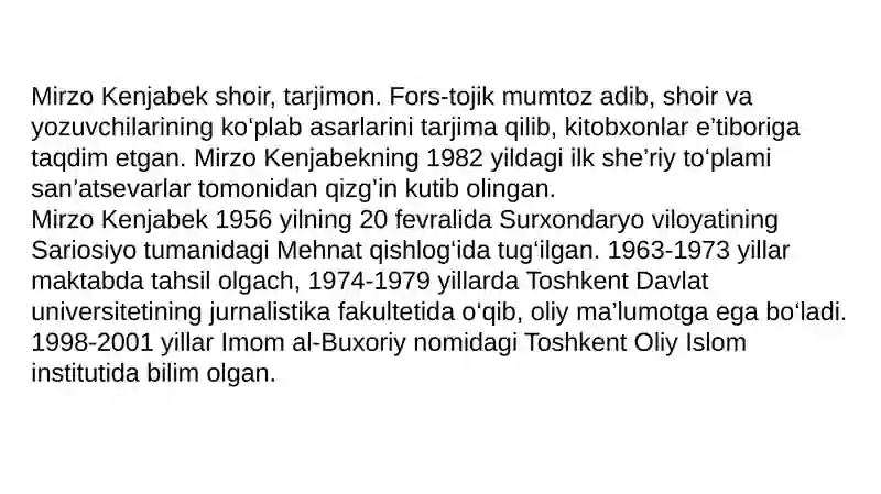 Mirzo Kenjabek sheʼrlarini tahlili