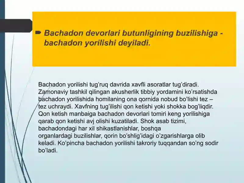 Tugruqda qindan qon ketish bachadon yorilishi klassifikatsiyasu xavf ...