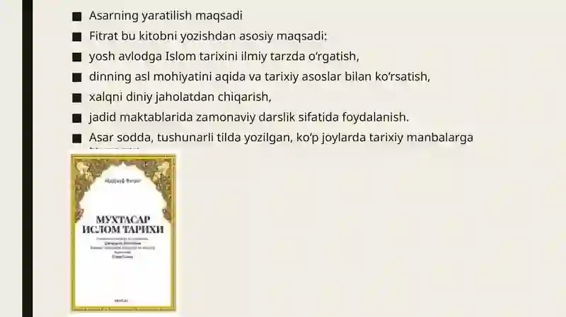 Abdurauf Fitratning “Muxtasar islom tarixi” risolasi, Abdulla ...