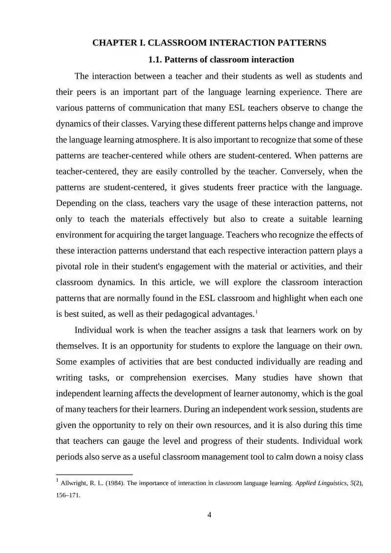 Importance of Interaction Patterns in Classroom Language Learning