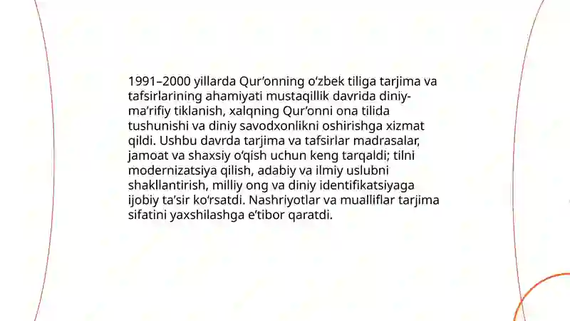 Mustaqillik yillarida quronning o'zbek tiliga tarjima qilinishi va ...