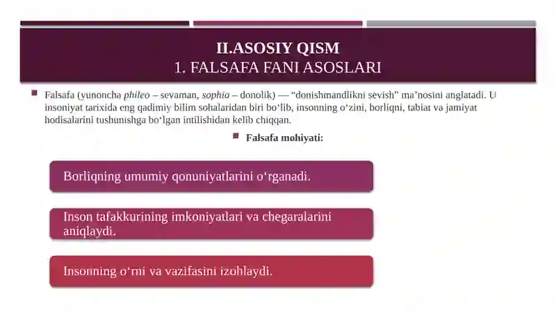 FALSAFA FANI ASOSLARI VA UNING MAQSAD VA VAZIFALARI DUNYOQARASH SHAKILLARI